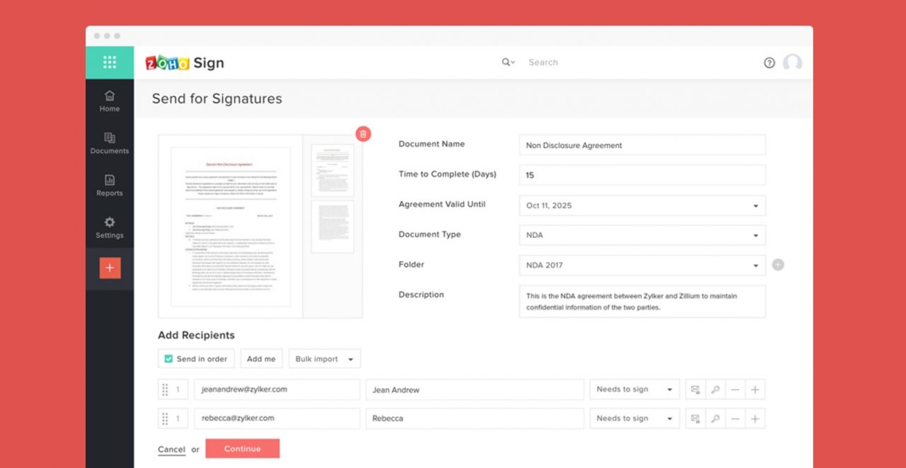 Zoho Sign lets you digitally sign your documents from anywhere